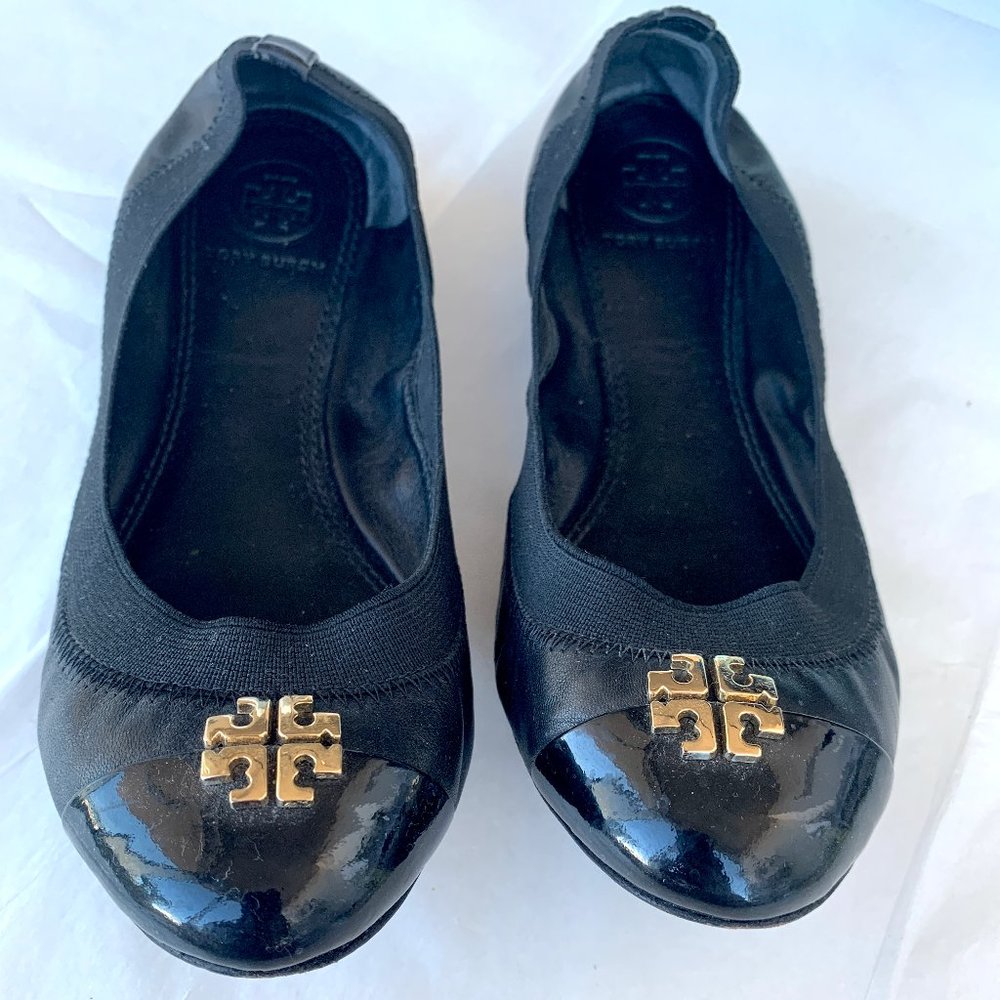 Rare Tory Burch Ballet Flat Black Cap Toe Patent Leat… - Gem